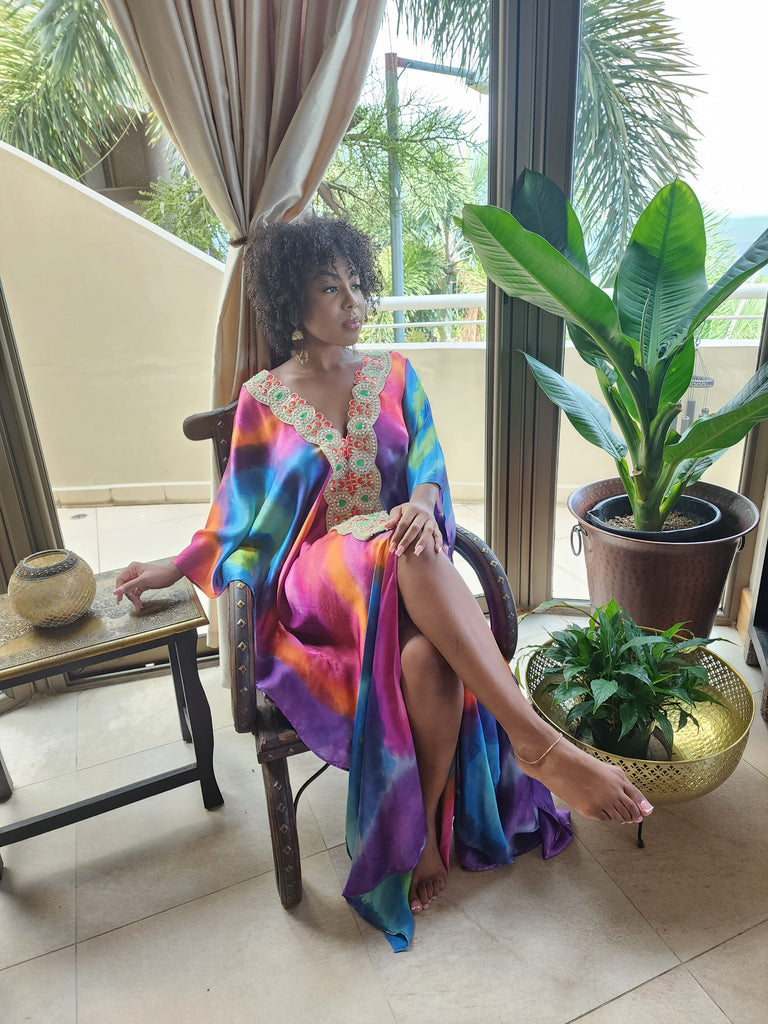 Hand dyed silk charmuese/ embellished kaftan – Lisa's Fabrics